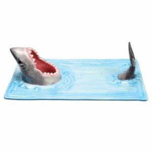 WHAT ON EARTH Shark Attack Sushi Plate - Hand-Painted Ceramic Serving Tray with Soy Sauce Holder and Funny Chopsticks Rest, Fish Serving Platter