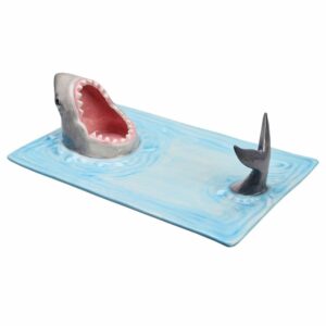 WHAT ON EARTH Shark Attack Sushi Plate - Hand-Painted Ceramic Serving Tray with Soy Sauce Holder and Funny Chopsticks Rest, Fish Serving Platter