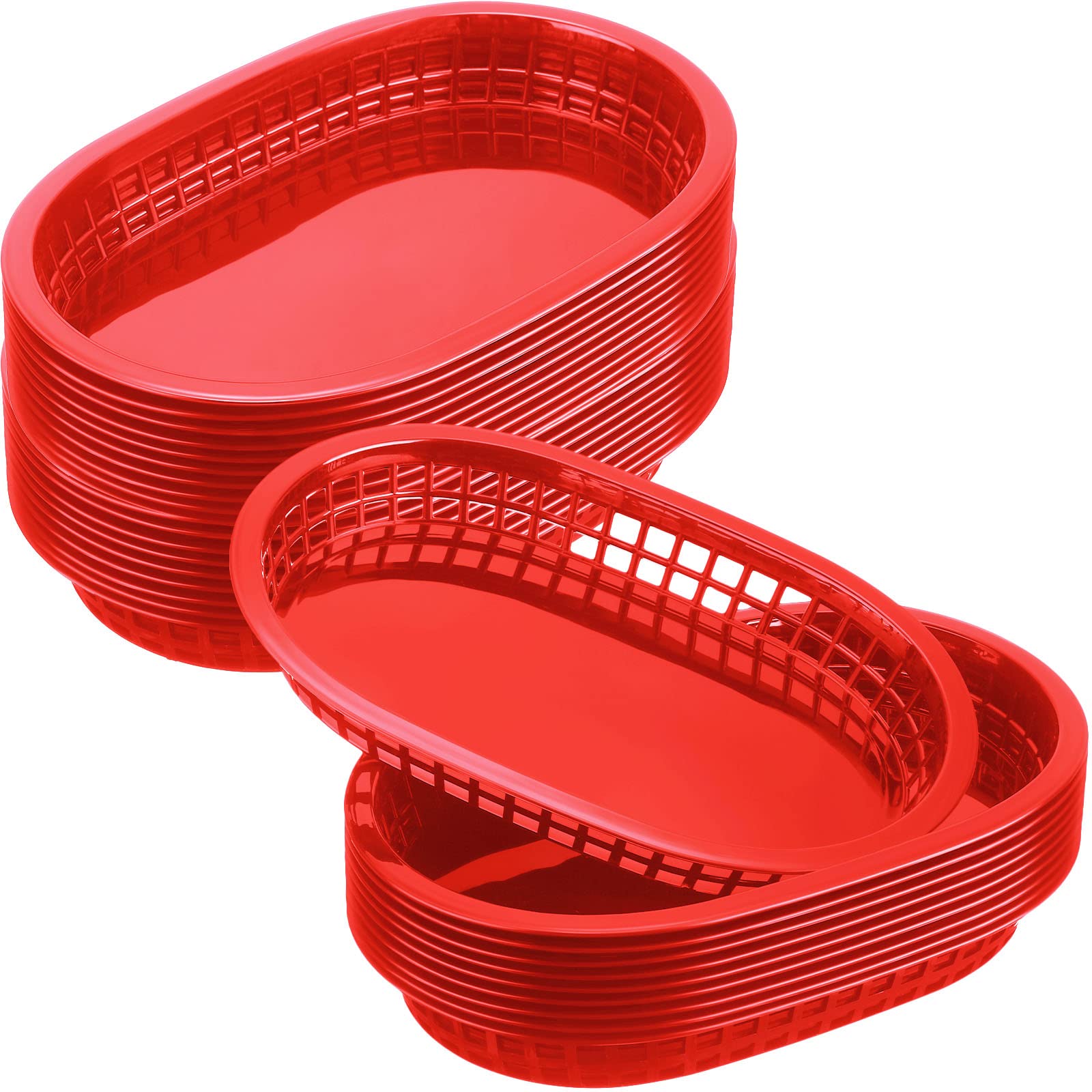 60 Pack Fast Food Baskets for Serving,10.5" x 7" Plastic Bread Baskets Oval Retro Storage Basket Bin Food Service Tray for Restaurant,Chip,Hot Dog,Burger,Sandwiches, BBQ, Picnic, Party (Red)