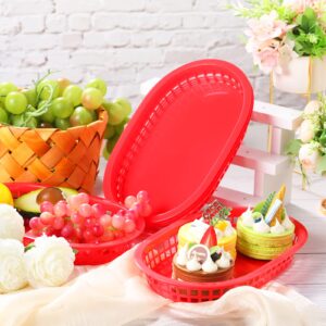 60 Pack Fast Food Baskets for Serving,10.5" x 7" Plastic Bread Baskets Oval Retro Storage Basket Bin Food Service Tray for Restaurant,Chip,Hot Dog,Burger,Sandwiches, BBQ, Picnic, Party (Red)