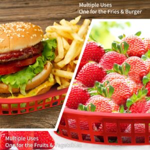 60 Pack Fast Food Baskets for Serving,10.5" x 7" Plastic Bread Baskets Oval Retro Storage Basket Bin Food Service Tray for Restaurant,Chip,Hot Dog,Burger,Sandwiches, BBQ, Picnic, Party (Red)