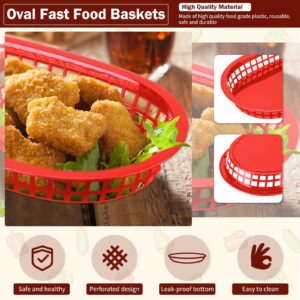 60 Pack Fast Food Baskets for Serving,10.5" x 7" Plastic Bread Baskets Oval Retro Storage Basket Bin Food Service Tray for Restaurant,Chip,Hot Dog,Burger,Sandwiches, BBQ, Picnic, Party (Red)