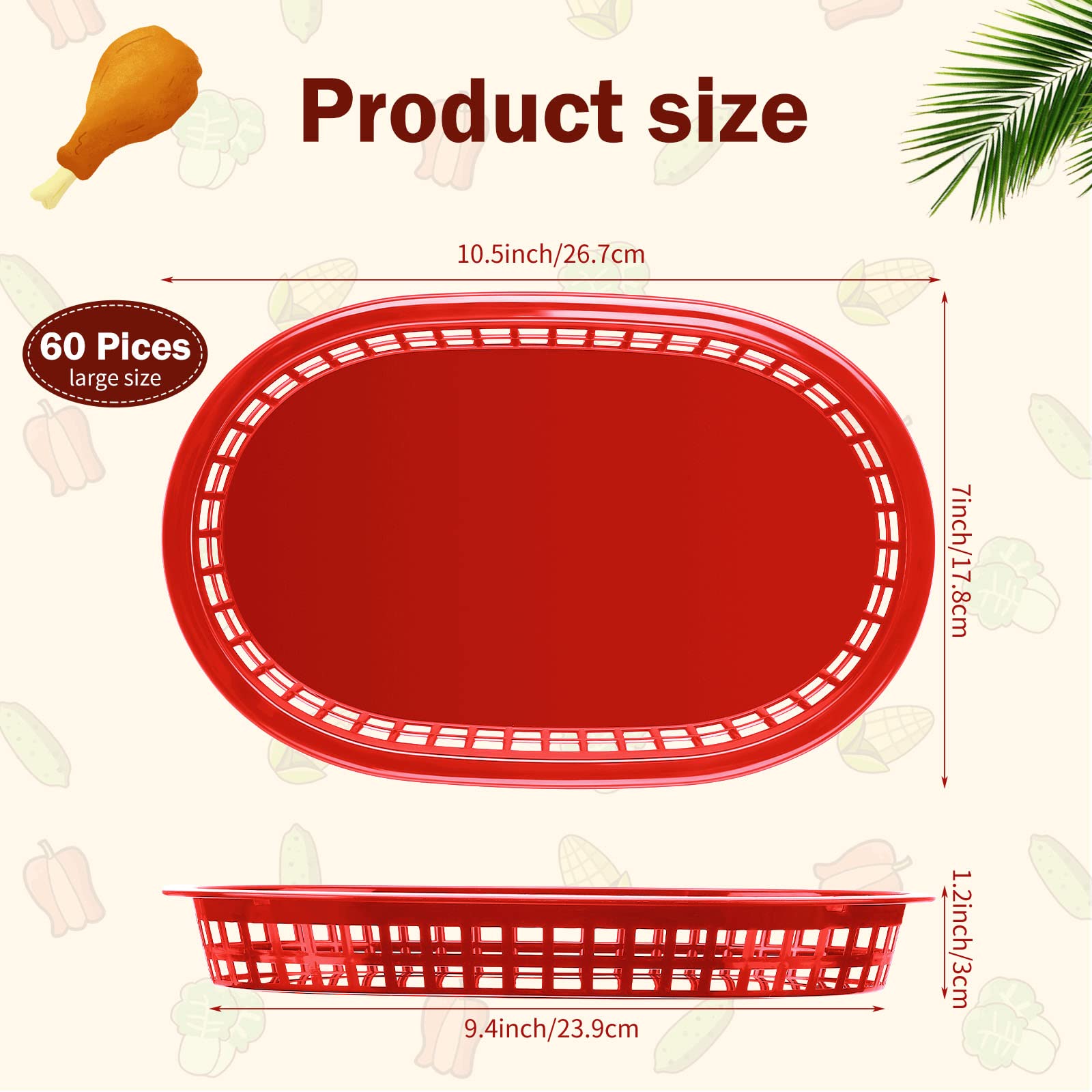 60 Pack Fast Food Baskets for Serving,10.5" x 7" Plastic Bread Baskets Oval Retro Storage Basket Bin Food Service Tray for Restaurant,Chip,Hot Dog,Burger,Sandwiches, BBQ, Picnic, Party (Red)