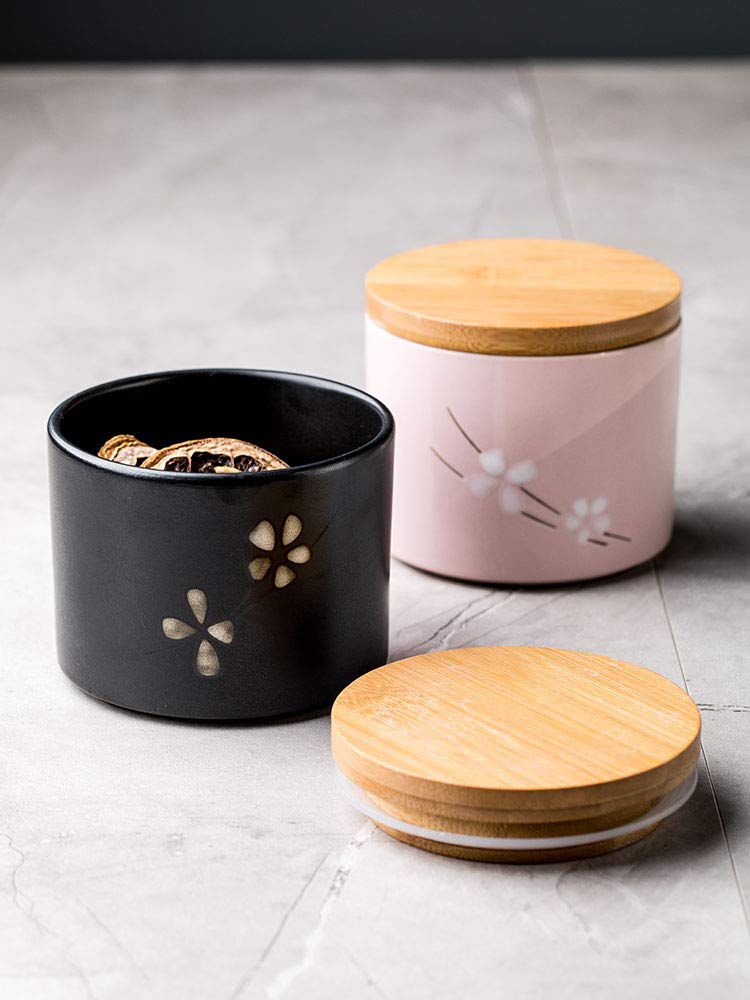 Ceramic Retro Flower Sugar Bowl Spice Jar Storage Pot with Wooden Lid