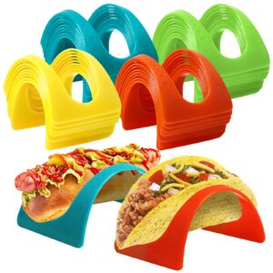 qfeley 36 pack taco holder stands plastic colorful taco tray plate racks hard plastic taco shell rack party serving tray set for tortillas burritos(green/red/yellow/blue) dishwasher & microwave safe