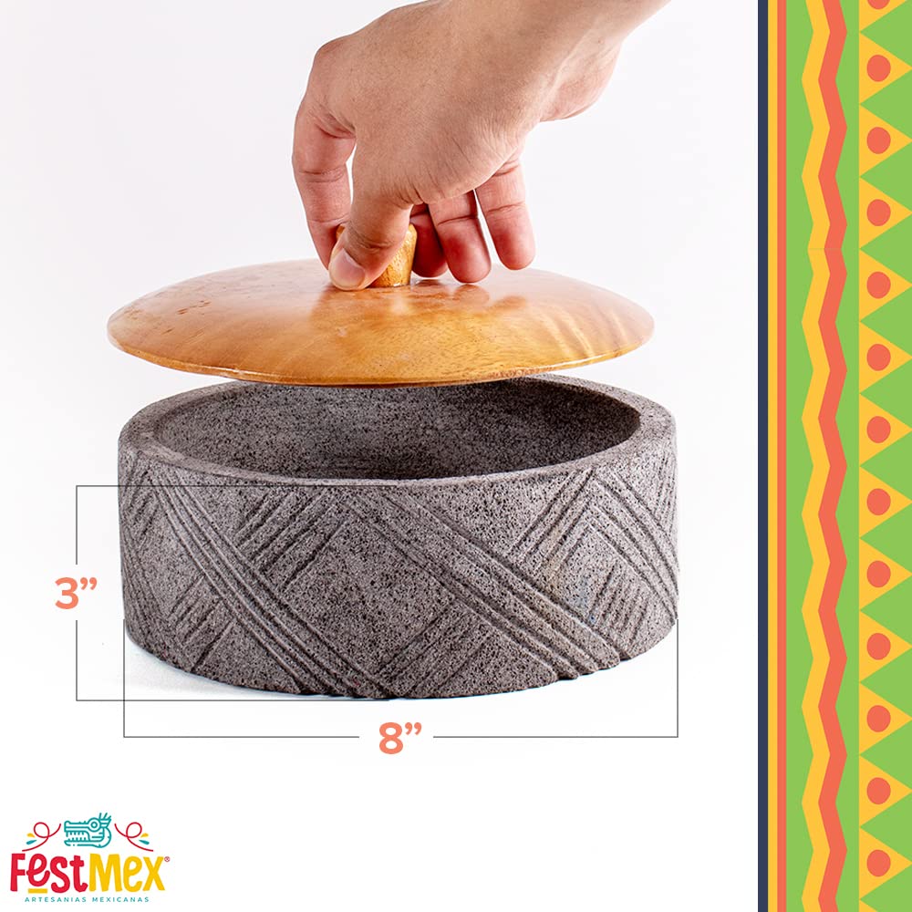 FESTMEX Genuine Handmade Mexican Volcanic Stone Tortilla Warmer, Heavy & Durable, Molcajete Style Tortilla Holder, Tortillero | Made in Mexico (Diamond Pattern)