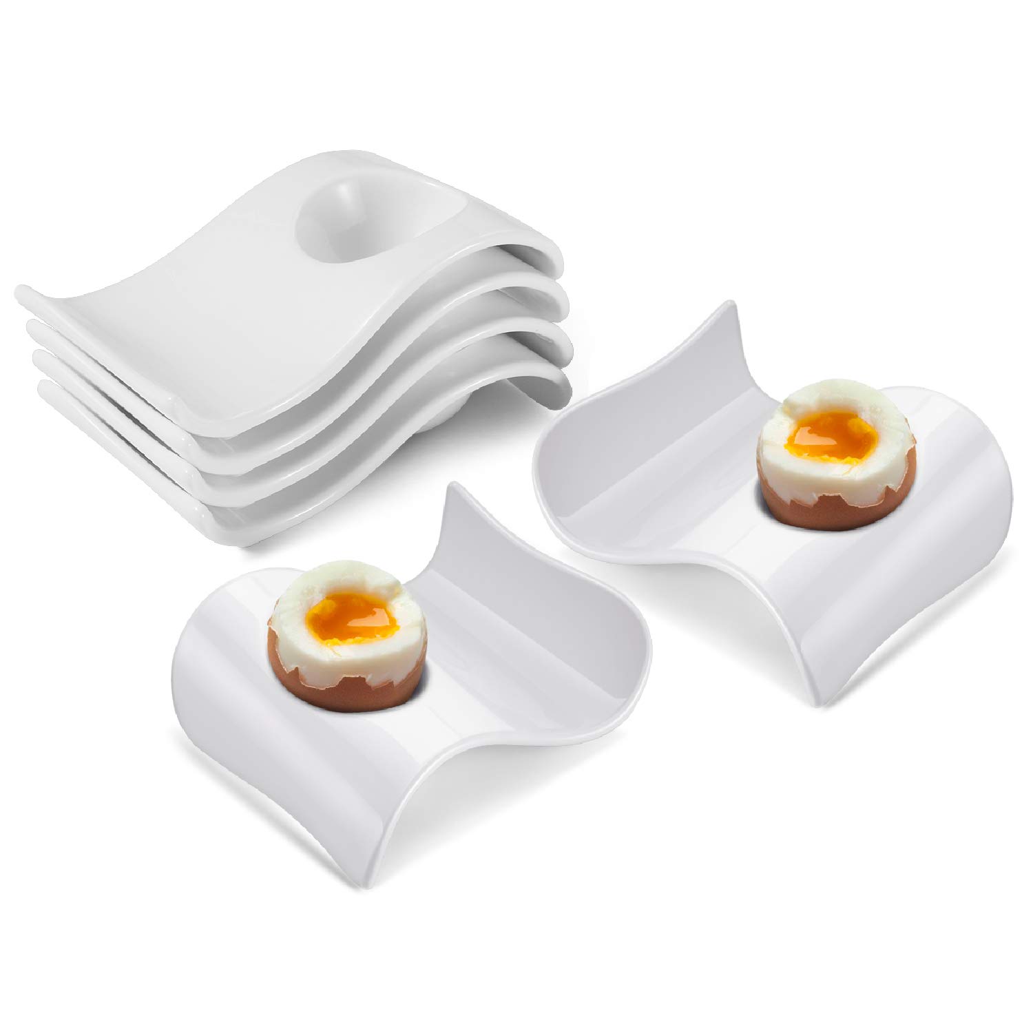 Flexzion Egg Cups for Soft Boiled Eggs - Set of 6 Ceramic Egg Holder - Stackable Egg Coddler Cups with Base for Serving, Breakfast, Brunch - Kitchen Table Decor, White