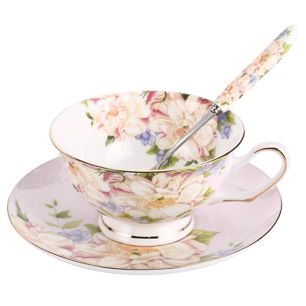 JinGlory Pink Tea Cup,Floral Tea Cup and Saucer Set,Bone China Tea Set,Coffee Cup,Tea Set for Adults/Friends/Women/Men,7OZ