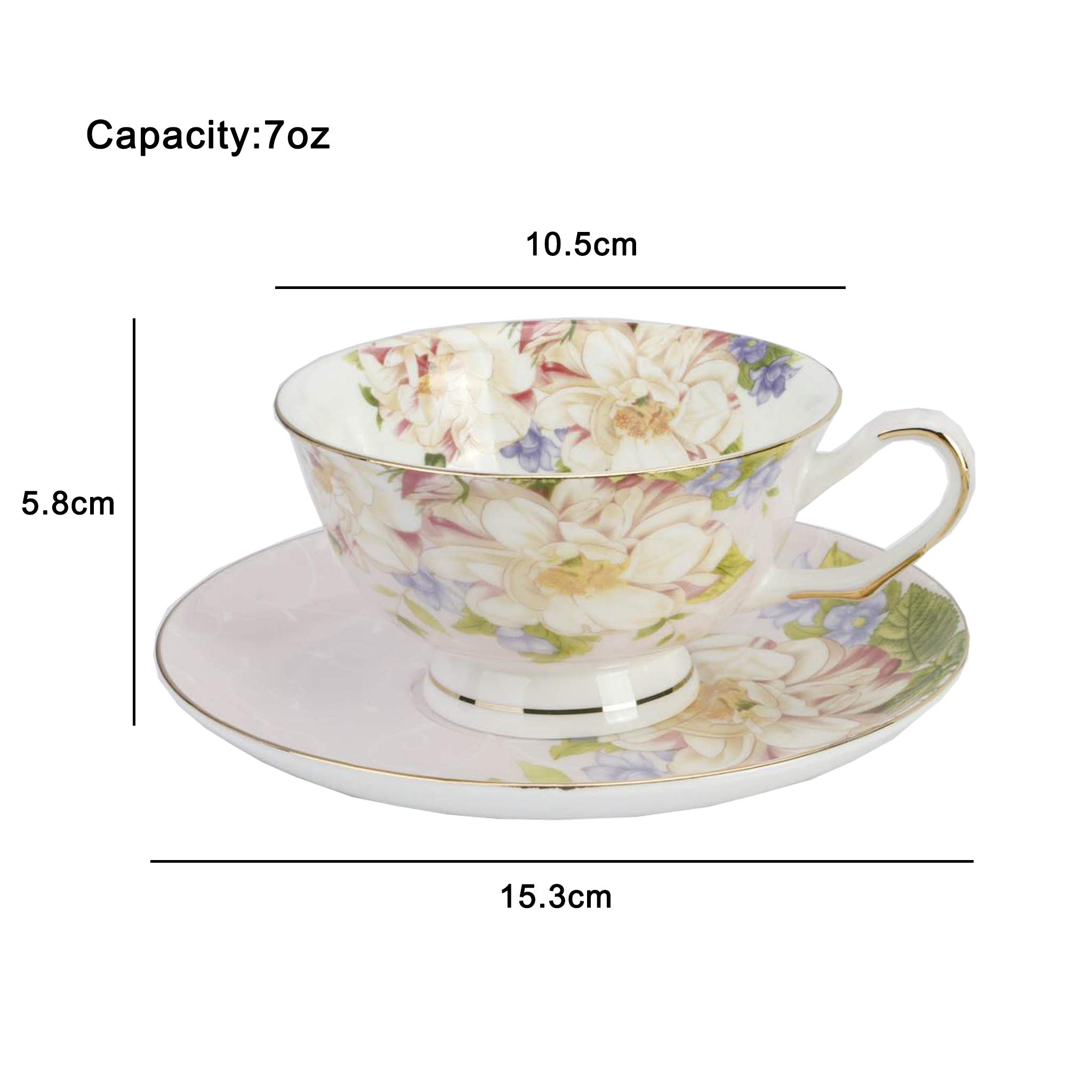 JinGlory Pink Tea Cup,Floral Tea Cup and Saucer Set,Bone China Tea Set,Coffee Cup,Tea Set for Adults/Friends/Women/Men,7OZ