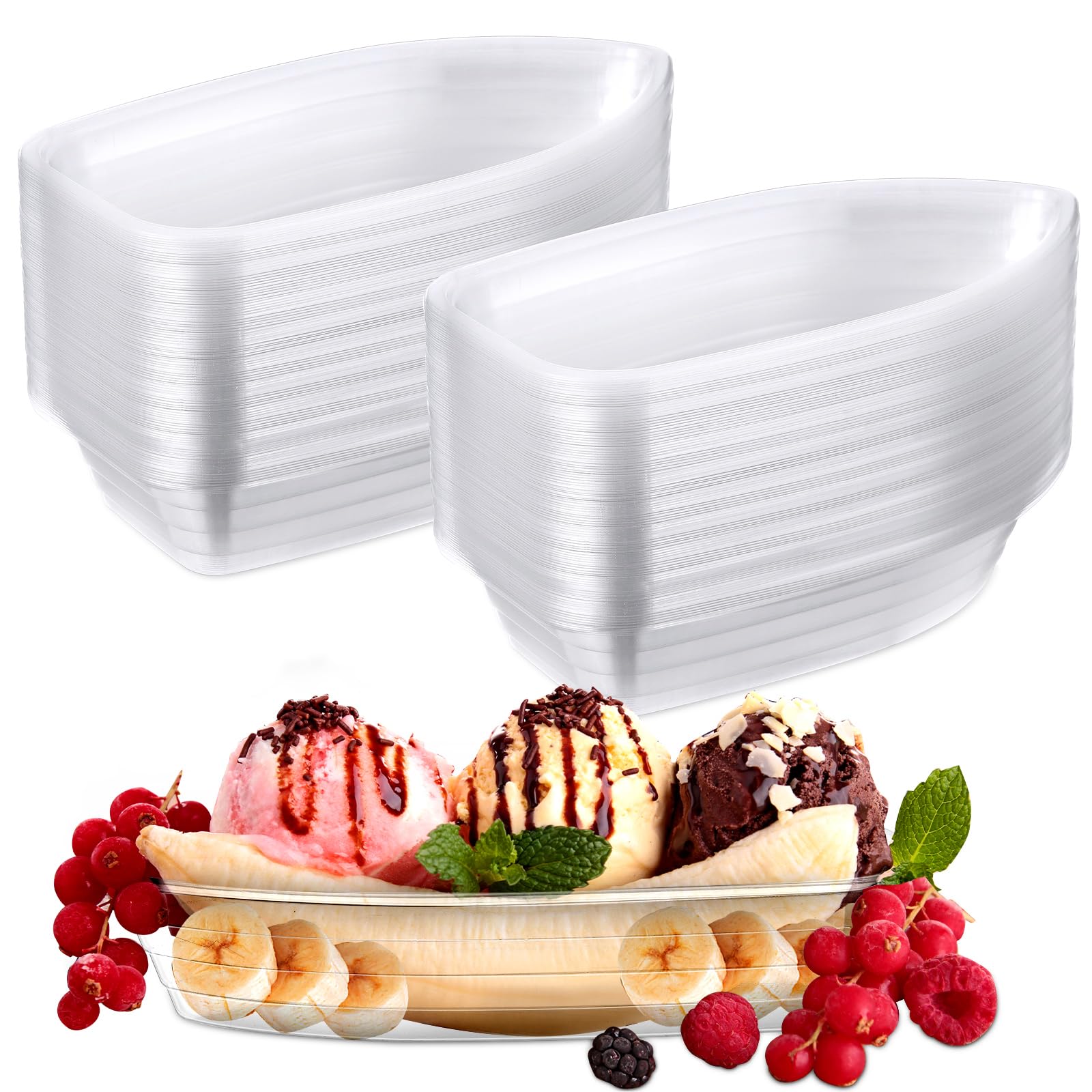 Rtteri Banana Split Boat Plate 12oz Disposable Ice Cream Sundae Bowls Banana Split Bowls Clear PET Plastic Splits Bowl Tray for Kid Party Dish Dessert Birthday Carnivals Gelato Home (200 Pcs)