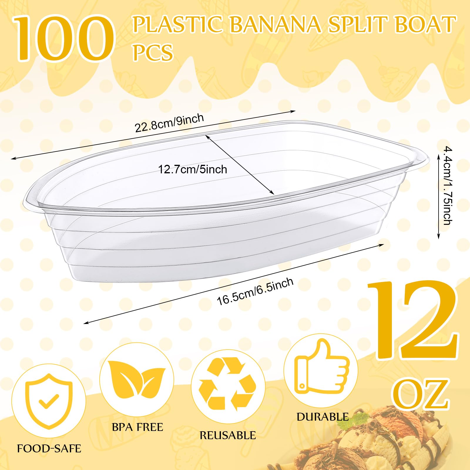 Rtteri Banana Split Boat Plate 12oz Disposable Ice Cream Sundae Bowls Banana Split Bowls Clear PET Plastic Splits Bowl Tray for Kid Party Dish Dessert Birthday Carnivals Gelato Home (200 Pcs)