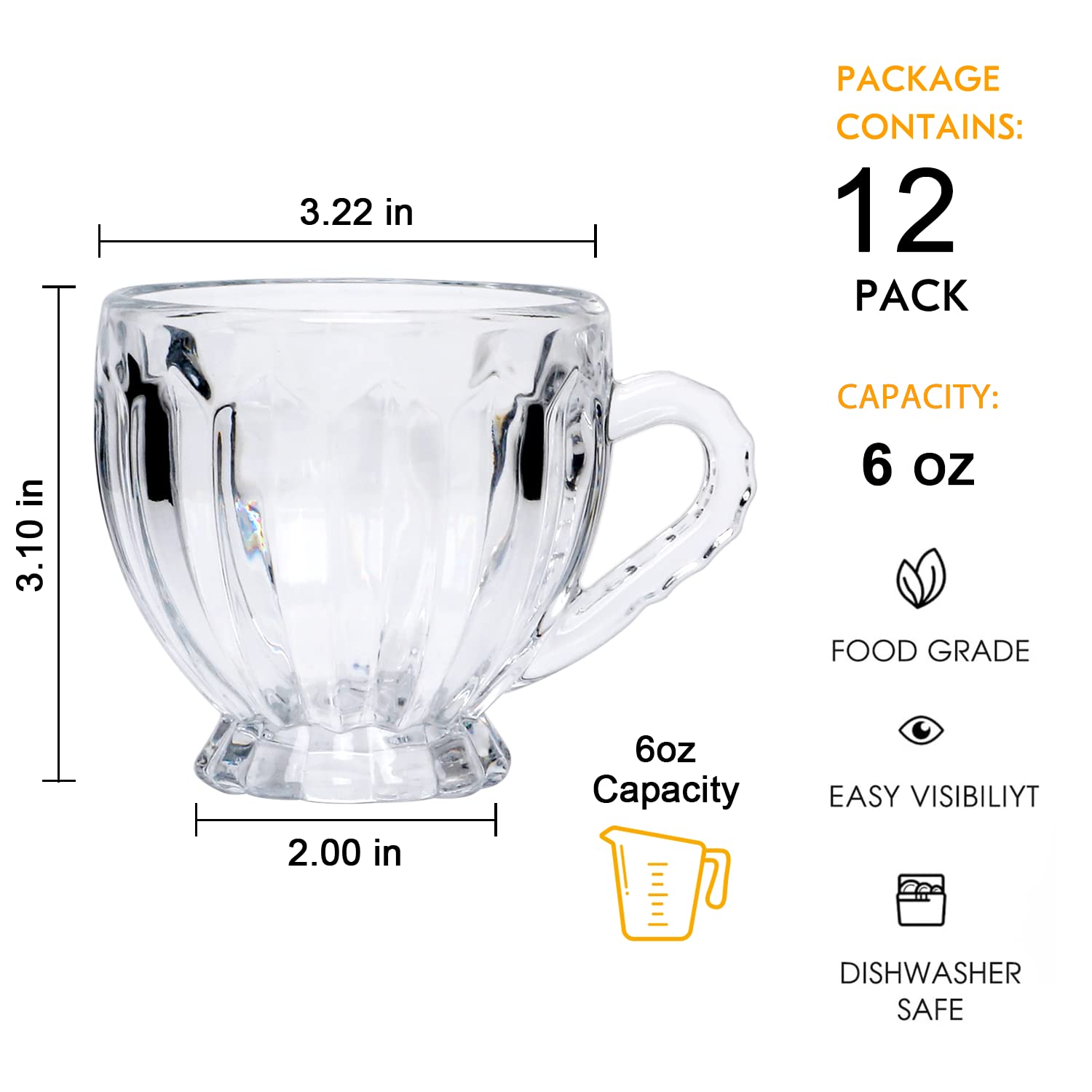 QAPPDA Glass Coffee Mugs,6 OZ Vintage Glass Coffee Cups with Handle,Clear Espresso Mugs Tea Cups with Handle,Cafe Latte Drinking Glassware Cups for Juice,Cappuccino,Milk,Set of 12