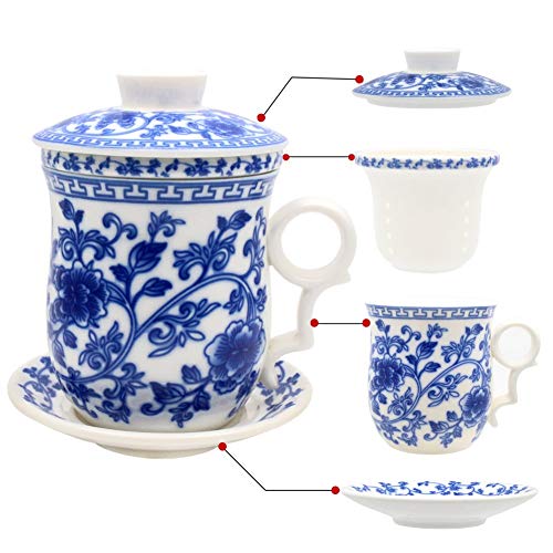 Tea Talent Porcelain Tea Cup with Infuser Lid and Saucer Sets - Chinese Jingdezhen Ceramics Coffee Mug Teacup Loose Leaf Tea Brewing System for Home Office