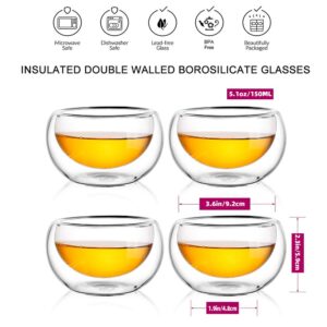 CNGLASS Tea Cups Set of 4 Double Wall Glass Tea Cup, 5.1oz Asian Insulated Clear Teacups 150ML,Small Espresso Cup for Coffee