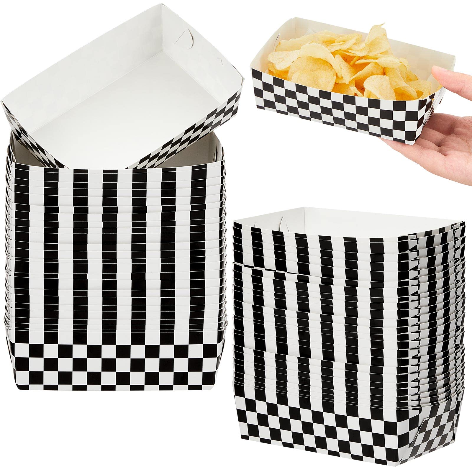 100 Pieces Checkered Paper Food Trays 2 lb Race Car Birthday Party Supplies Plaid Black and White Popcorn Trays Hot Dog Chips Trays Paper Baskets Small Food Boats, Need to Assemble