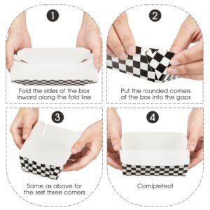 100 Pieces Checkered Paper Food Trays 2 lb Race Car Birthday Party Supplies Plaid Black and White Popcorn Trays Hot Dog Chips Trays Paper Baskets Small Food Boats, Need to Assemble