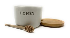 stoneware honey pot with acacia wood dipper and lid by hearth and hand with magnolia (standard version)