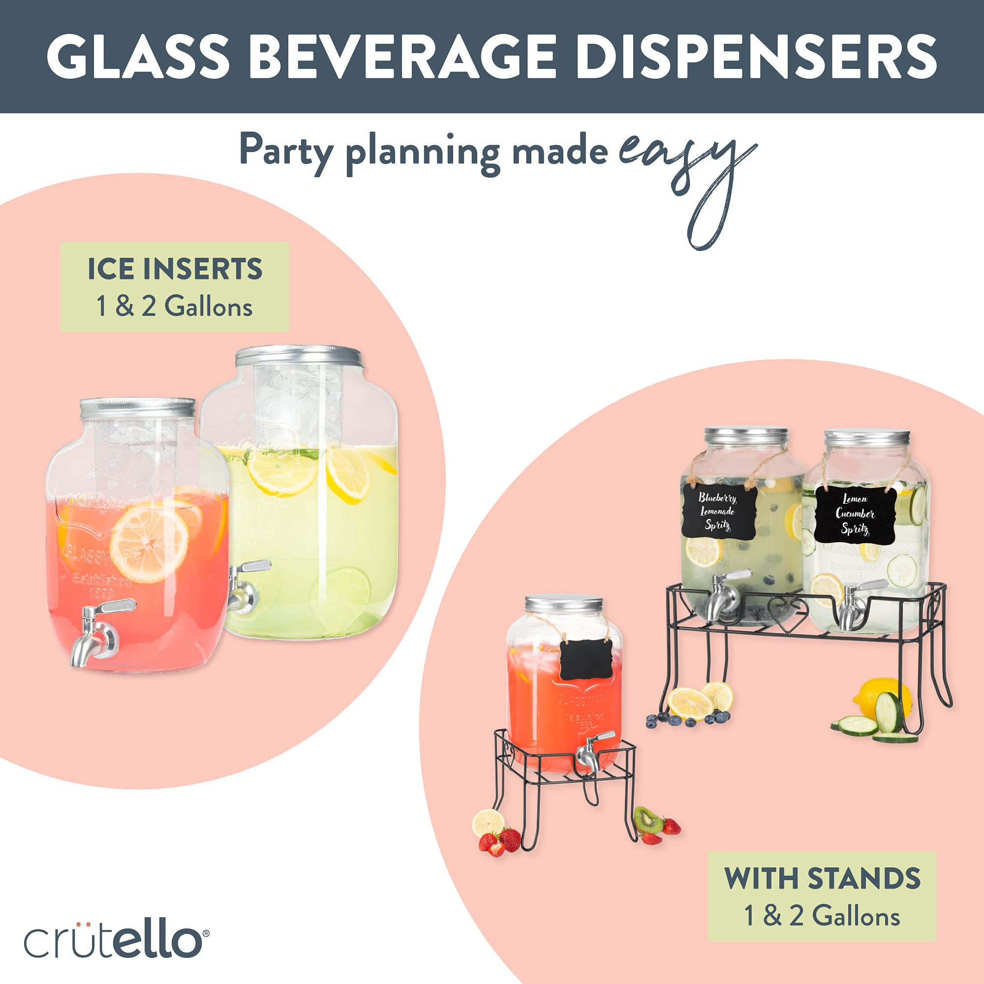 Crutello 2 Pack Glass Beverage Dispenser with Stainless Steel Spigots, 1 Gallon Drink Dispenser Metal Black Stand, Lemonade, Tea, Water, Laundry Detergent - A Family-Owned American Brand