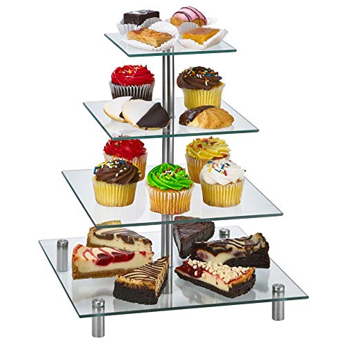 4 Tier Square Tempered Glass Cupcake Stand | Modern Cake Stand, Dessert Tower, Afternoon Tea Stand for Cakes, Pastries, Sandwiches