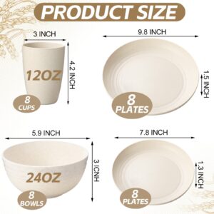 32 Pcs Wheat Straw Dinnerware Sets for 8 Kitchen Reusable Dinner Plates, Reliable Cereal Bowls, Lightweight Children Cups Kids Tableware Set Dishwasher Safe for Camping Party Picnic Event (Beige)