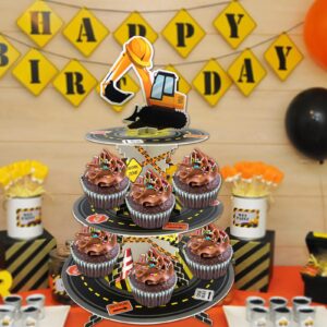 Construction Birthday Decorations Cupcake Stand Cardboard Dessert Stand 3 Tire Mini Cake Stand Reusable Kid Birthday Baby Shower Party Supplies Treat Stand