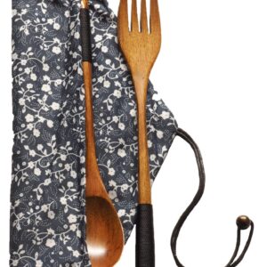 Premium Wooden Bamboo Spoon and Fork Set - w/Cotton Pouch - Bpa Free - Food safe 100% - Made from Organic Bamboo - Reusable - Serving utensils - Salad - Medium Size - 9.5 inches