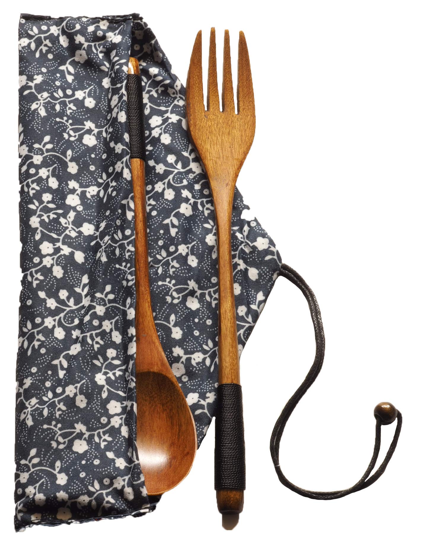 Premium Wooden Bamboo Spoon and Fork Set - w/Cotton Pouch - Bpa Free - Food safe 100% - Made from Organic Bamboo - Reusable - Serving utensils - Salad - Medium Size - 9.5 inches