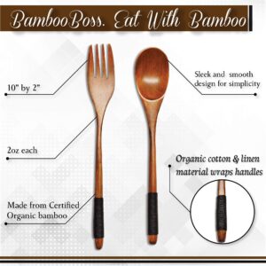 Premium Wooden Bamboo Spoon and Fork Set - w/Cotton Pouch - Bpa Free - Food safe 100% - Made from Organic Bamboo - Reusable - Serving utensils - Salad - Medium Size - 9.5 inches