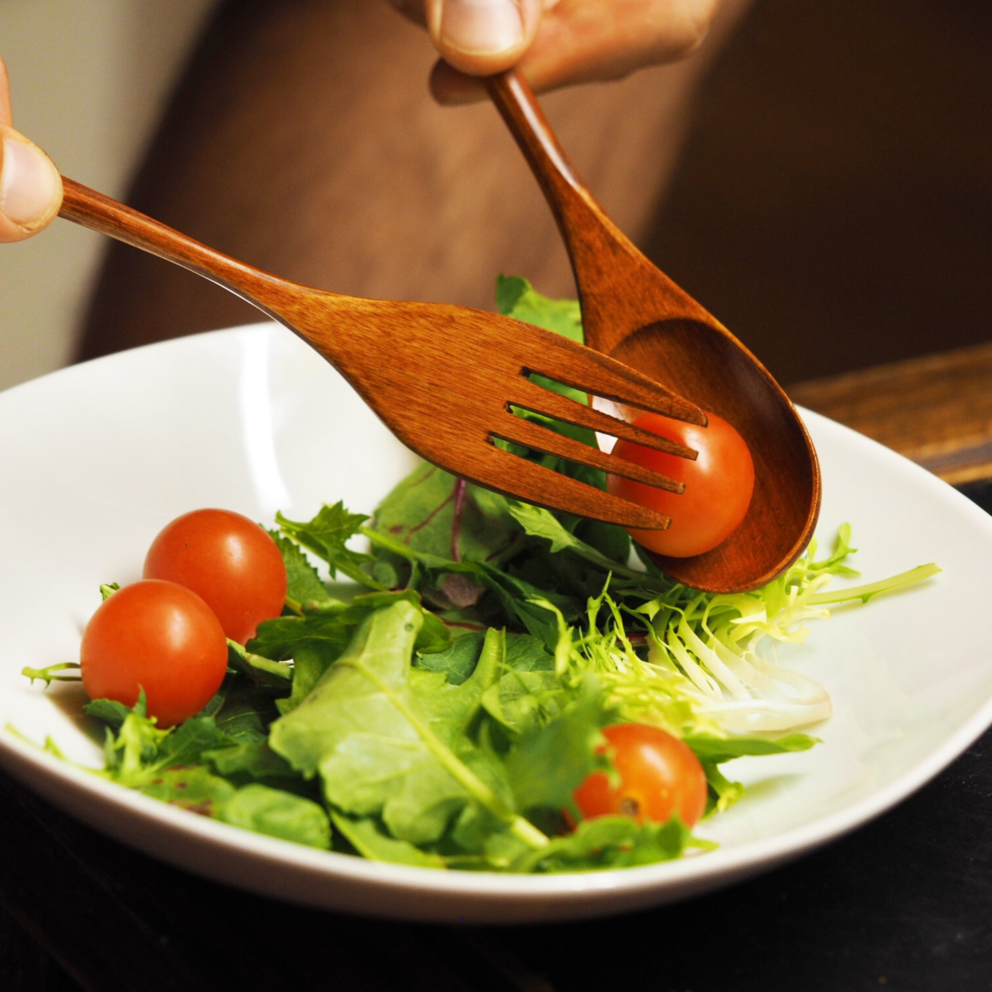 Premium Wooden Bamboo Spoon and Fork Set - w/Cotton Pouch - Bpa Free - Food safe 100% - Made from Organic Bamboo - Reusable - Serving utensils - Salad - Medium Size - 9.5 inches