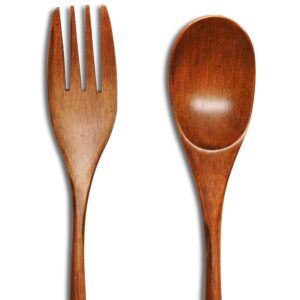 Premium Wooden Bamboo Spoon and Fork Set - w/Cotton Pouch - Bpa Free - Food safe 100% - Made from Organic Bamboo - Reusable - Serving utensils - Salad - Medium Size - 9.5 inches