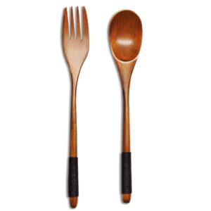 Premium Wooden Bamboo Spoon and Fork Set - w/Cotton Pouch - Bpa Free - Food safe 100% - Made from Organic Bamboo - Reusable - Serving utensils - Salad - Medium Size - 9.5 inches