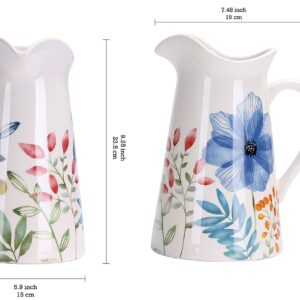 Bico Flower Carnival Ceramic 2.5 Quarts Pitcher with Handle, Decorative Vase for Flower Arrangements, Dishwasher Safe