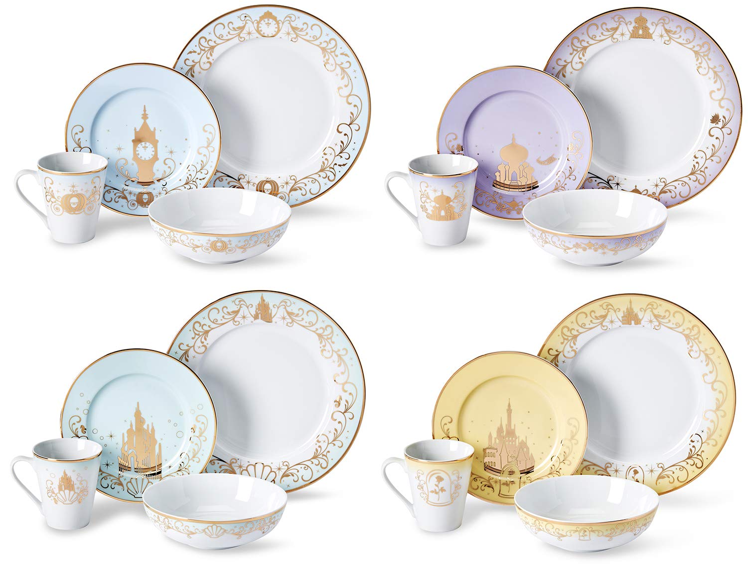 Disney Princess 16-Piece Dinnerware Set | Cinderella, Jasmine, Ariel, Belle