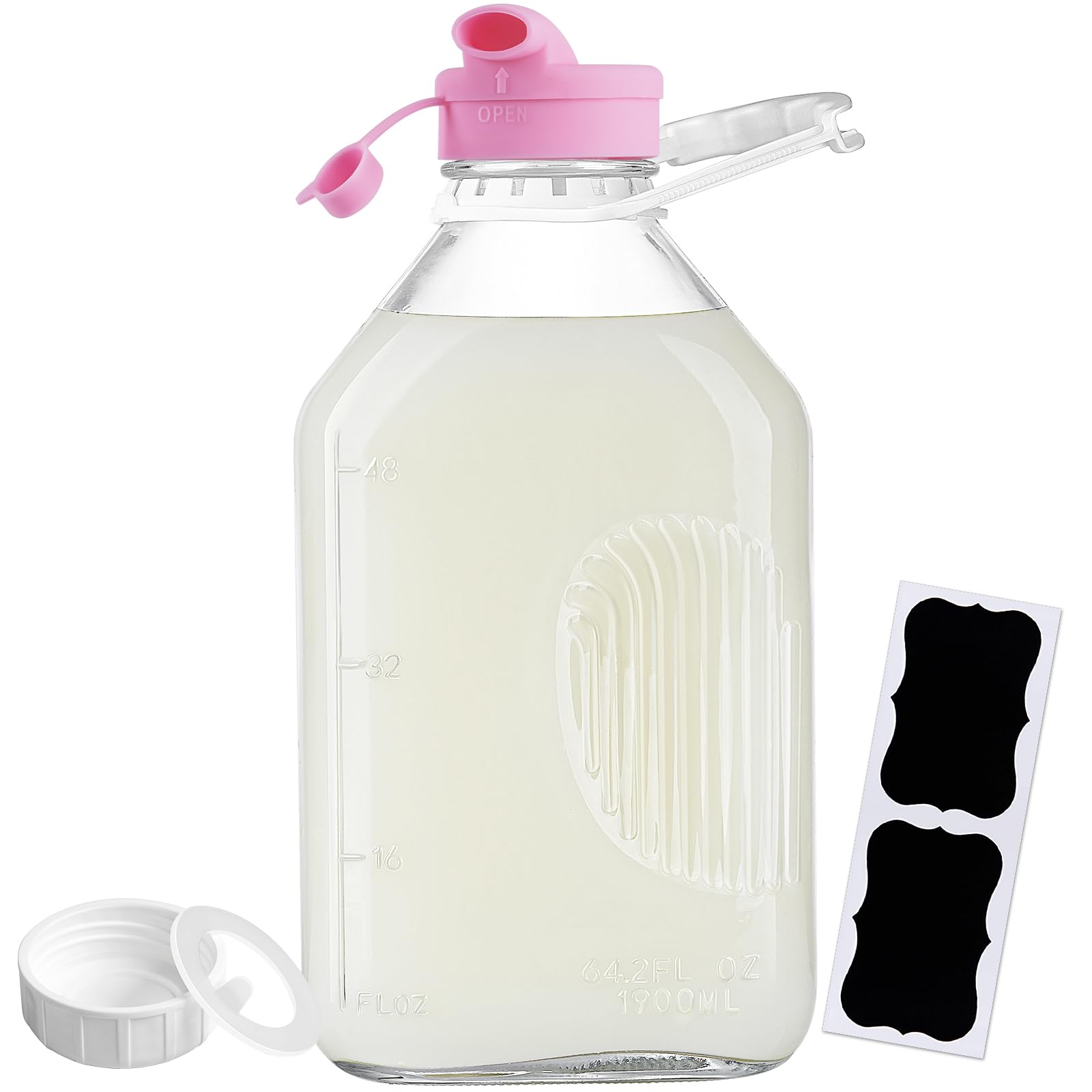 1 Pack 1/2 Gal Glass Milk Bottle with POUR SPOUT, REUSABLE AIRTIGHT SCREW LID - Glass Water Bottles - Glass Juice Bottles for Water, Almond Milk, 64 Oz Glass Milk Jug Pitcher with 2 Exact Scale Lines