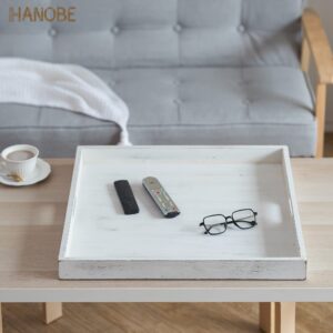 Hanobe Square Large Ottoman Tray: Extra Large Serving Wooden Trays Rustic Decorative Tray for Ottoman Coffee Table with Handles for Living Room White