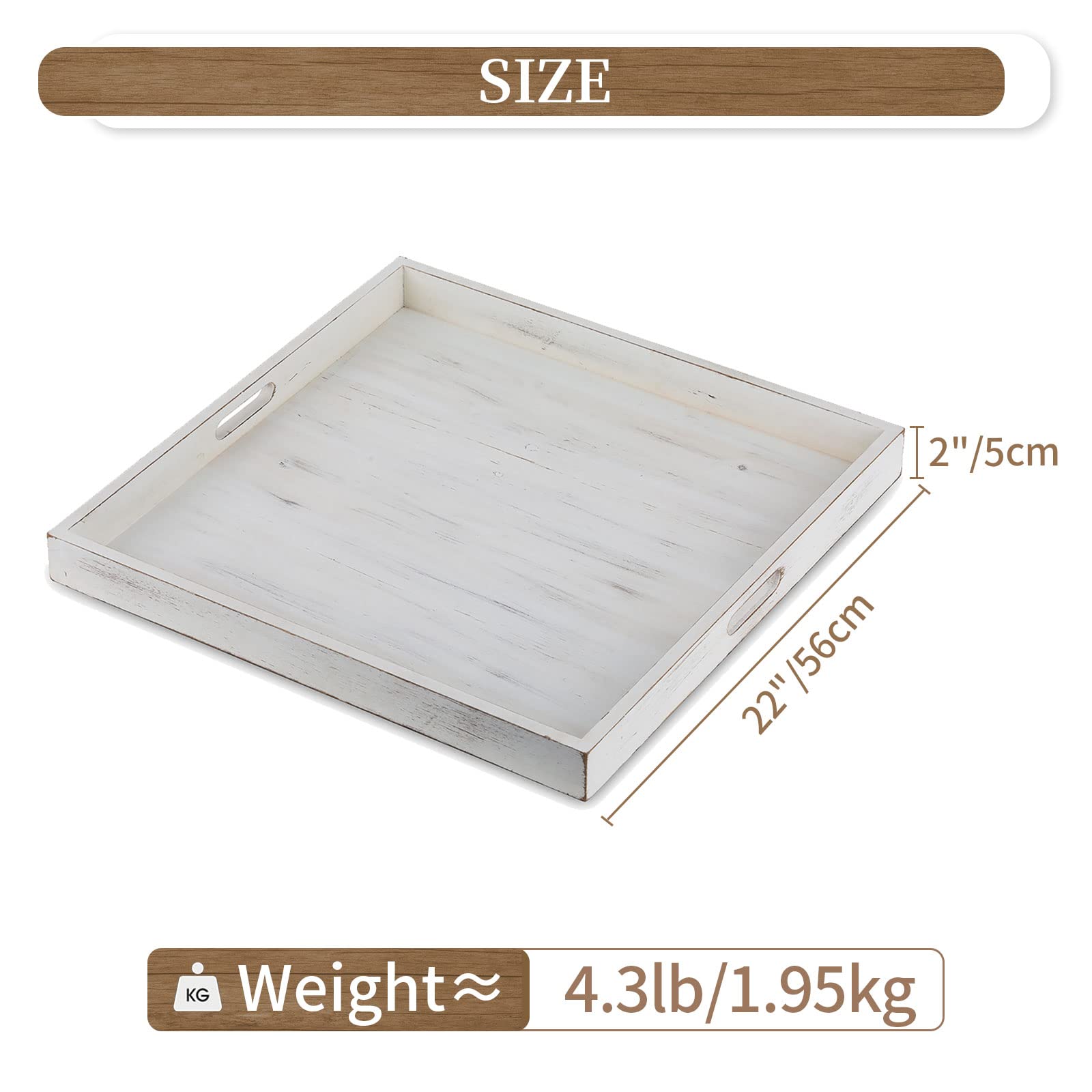 Hanobe Square Large Ottoman Tray: Extra Large Serving Wooden Trays Rustic Decorative Tray for Ottoman Coffee Table with Handles for Living Room White