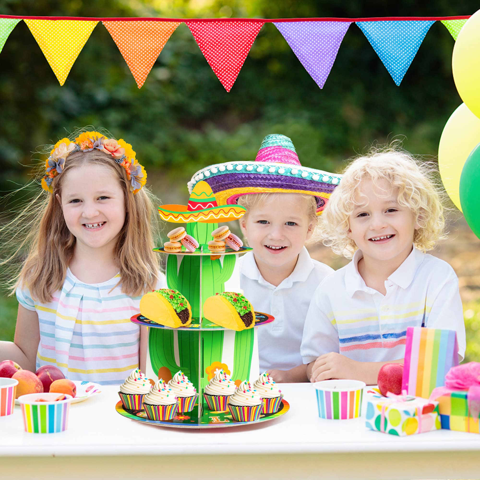 Haooryx Mexican Fiesta Party Cupcake Stand Decorations 3 Tier Let’s Fiesta Cupcake Tower Cardboard Cactus Sombrero Dessert Holder for Kids Cinco De Mayo Taco Summer Carnival Birthday Party Cake Supply