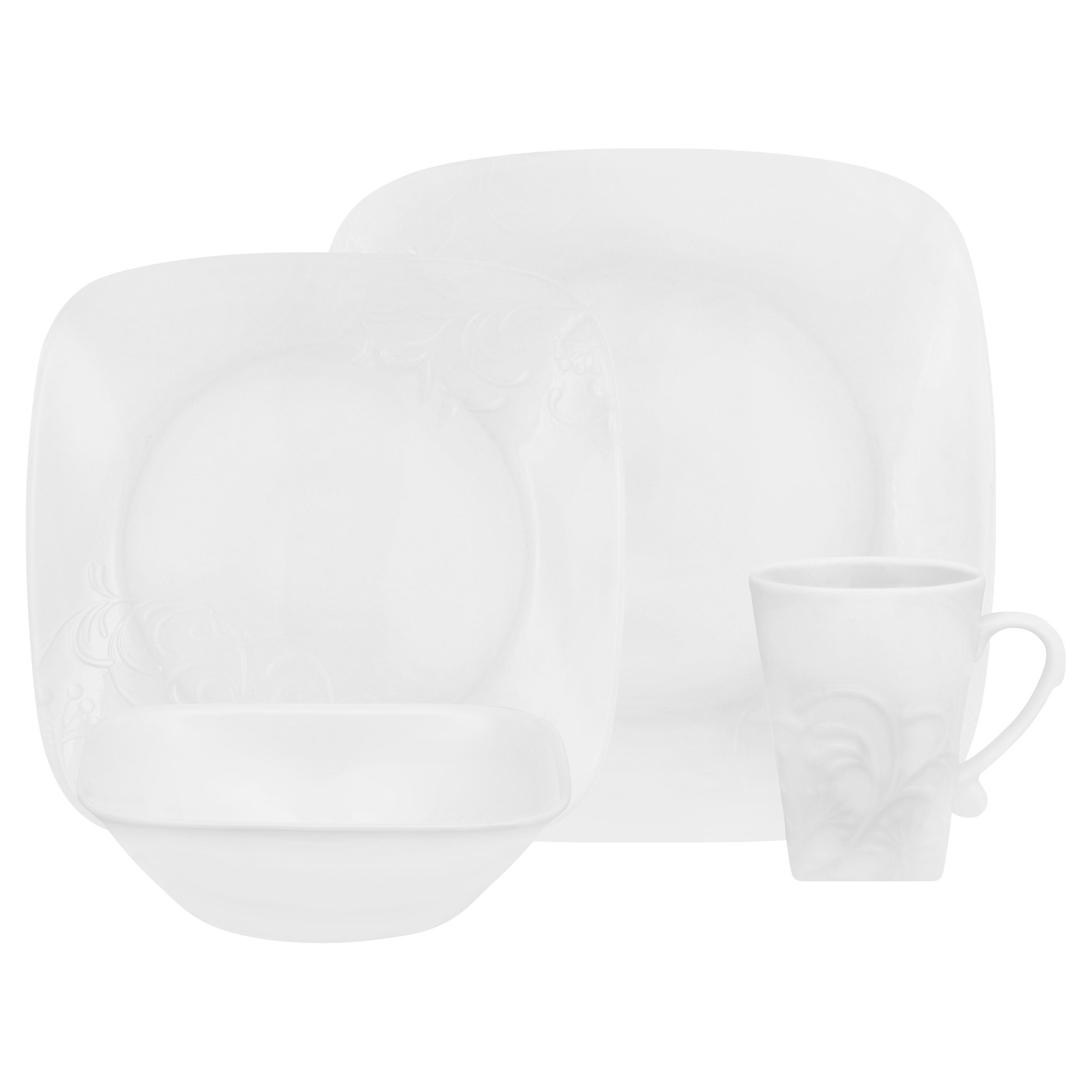 Corelle 16-Piece Vitrelle Glass Cherish Chip and Break Resistant Embossed Dinner Set, Service for 4, White