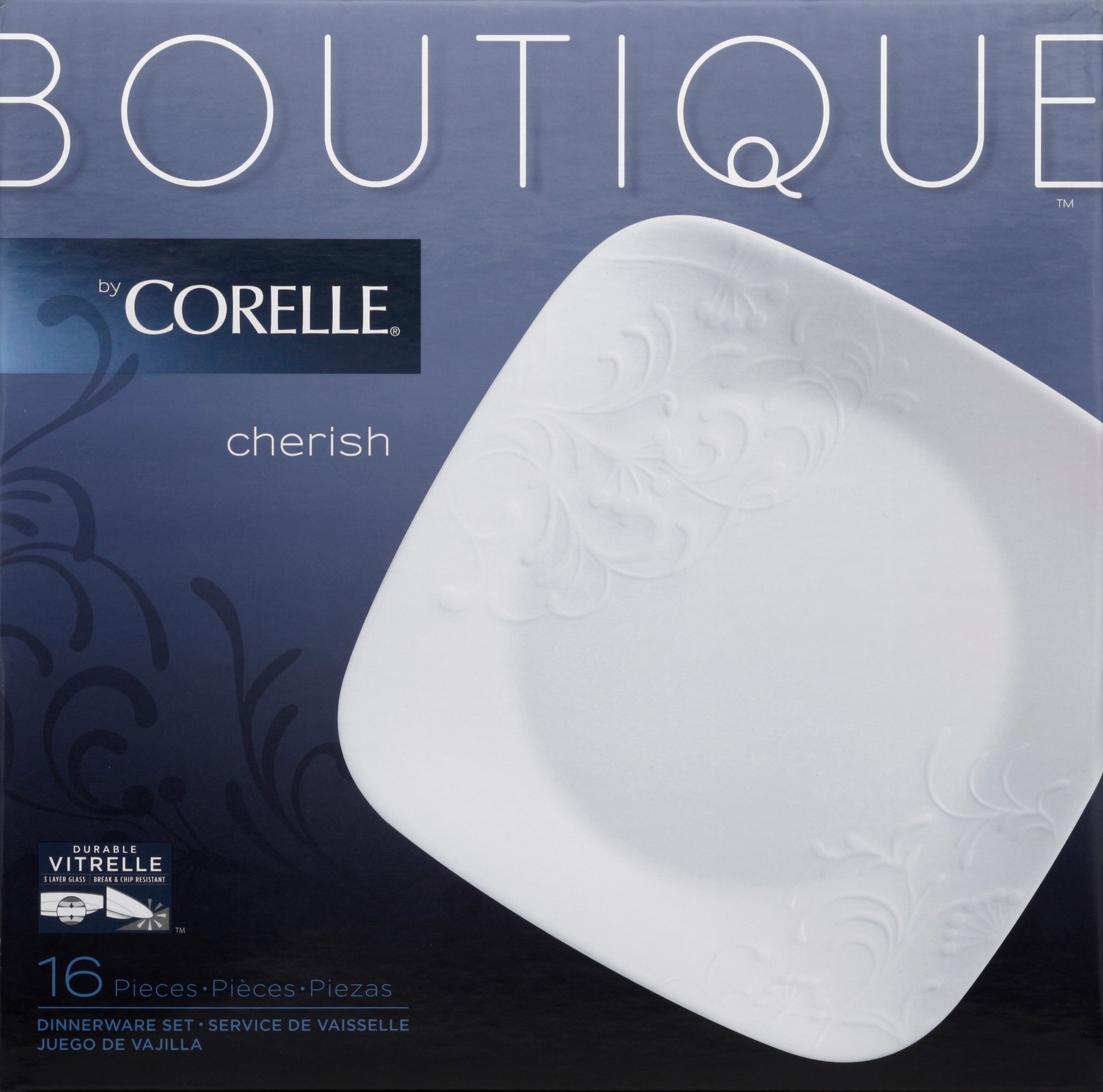 Corelle 16-Piece Vitrelle Glass Cherish Chip and Break Resistant Embossed Dinner Set, Service for 4, White