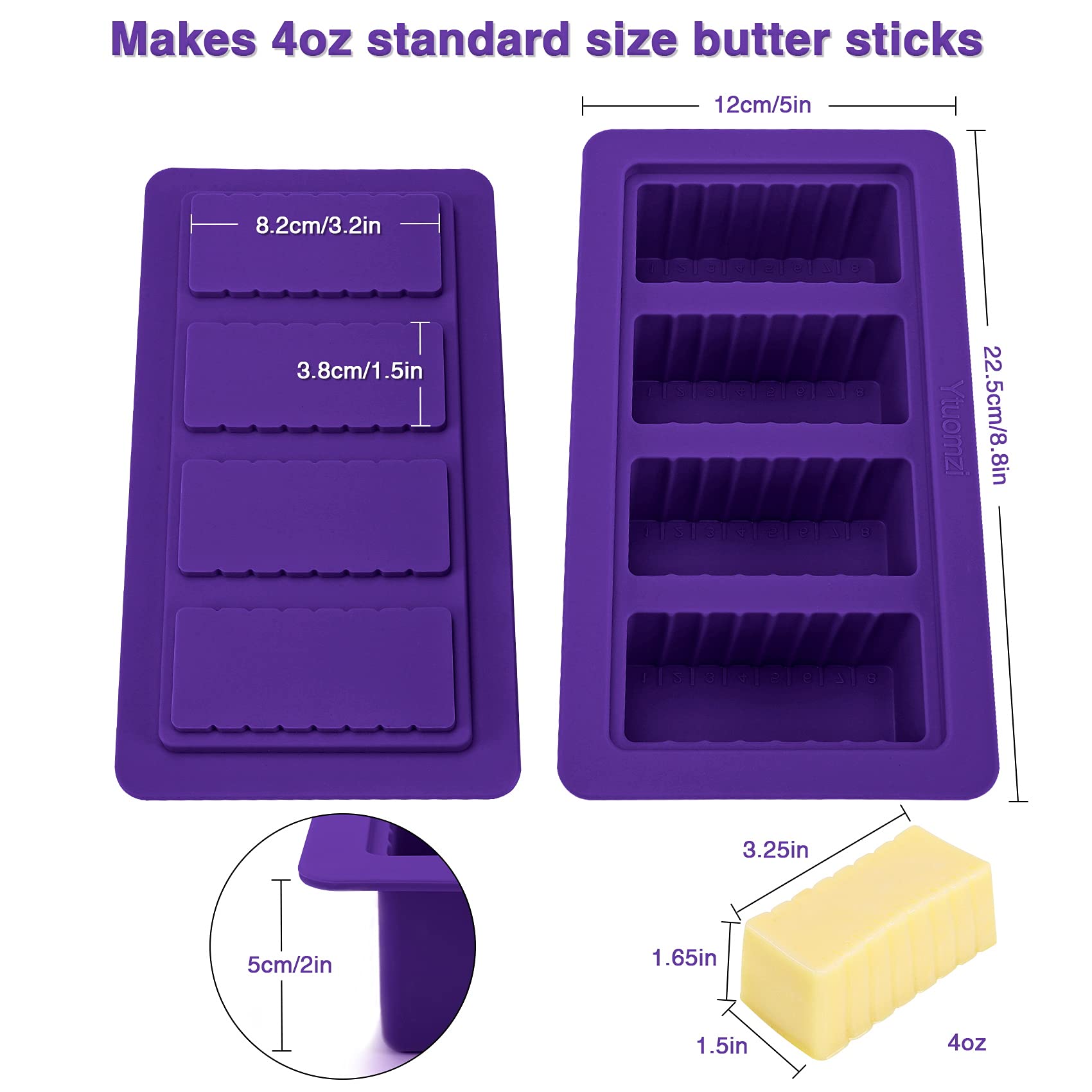 Butter Mold with Lid, Silicone Butter Tray Container with Spatula, Non-Stick Silicone Butter Molds for Making 4 Stick Forms Herbal Butter, Homemade Butter, Garlic Butter, Easy Release (Purple)