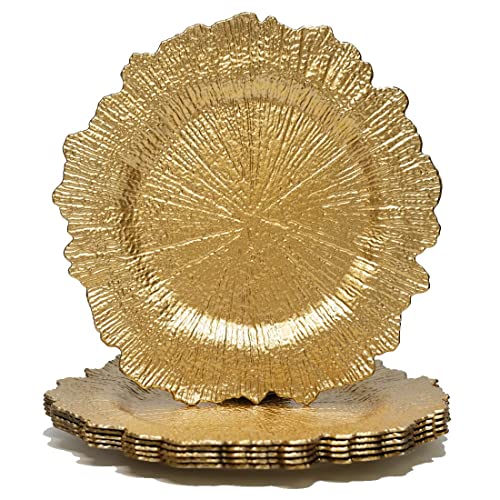 Umisriro Gold Charger Plates,13 Inch Metallic Reef Plastic Chargers for Dinner Plate, Decorative Chargers for Wedding,Elegant Parties, Banquets and Table Decor(Set Of 6)