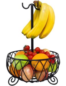 treezitek large wire fruit basket bowl stand with banana hanger,fruit bowl with banana holder black