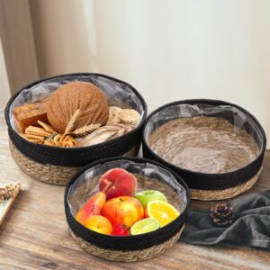 ZENFUN 3 Pack Round Rattan Storage Baskets, Round Rattan Baskets Set for Organizing, Serving, Wicker Baskets for Decor, Seagrass Bread Baskets, Countertop Baskets for Pantry, Home, Kitchen