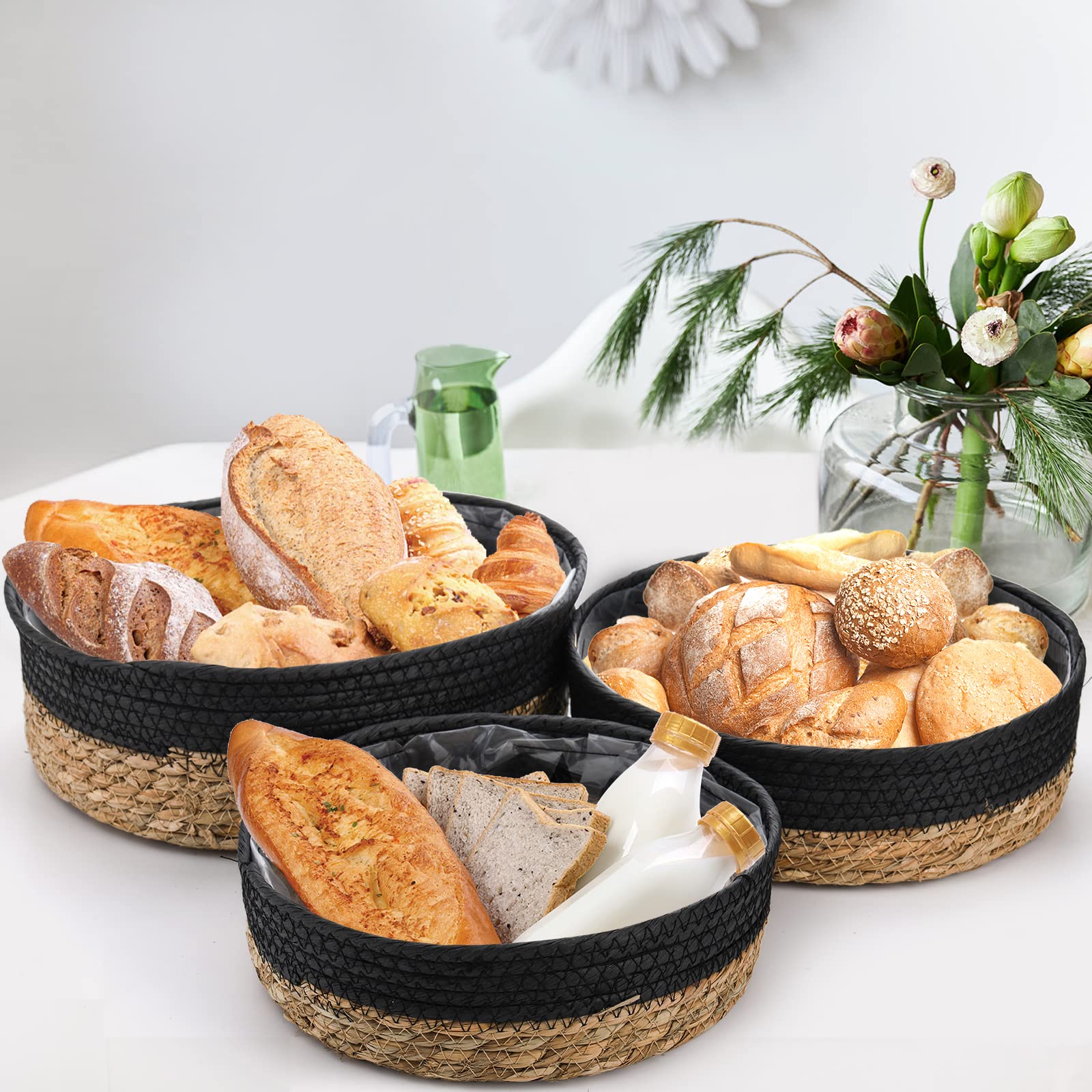 ZENFUN 3 Pack Round Rattan Storage Baskets, Round Rattan Baskets Set for Organizing, Serving, Wicker Baskets for Decor, Seagrass Bread Baskets, Countertop Baskets for Pantry, Home, Kitchen