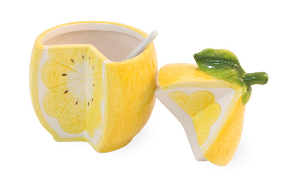 Boston International Ceramic Sugar Bowl with Lid and Spoon, 3 x 5-Inches, Lemon Drop