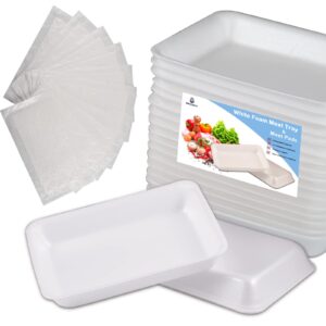 rikicaca white foam meat tray (25pcs/pack - 8.3" x 5.9" x 1.2") with white meat absorbent pad, disposable standard supermarket food tray