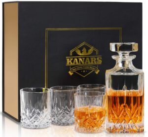 kanars whiskey decanter and glasses set in unique gift box - original crystal liquor decanter set for bourbon, scotch, vodka, rum or whisky, 5-piece, gifts for men dad