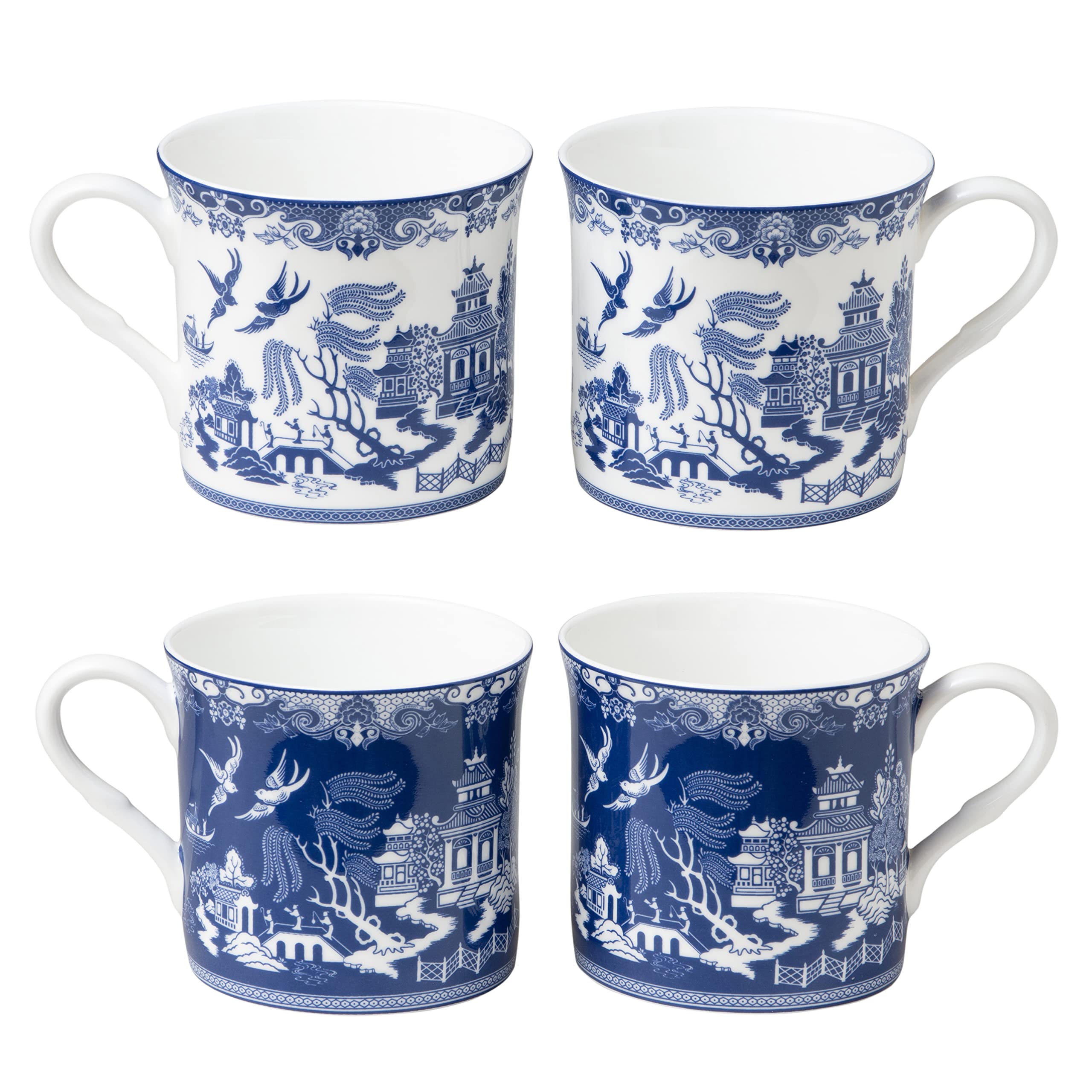 Grace Teaware Blue Willow Bone China Coffee Tea Mugs 10-Ounce (2 Assorted Patterns, Set of 4) (S17301I/C-BLU-6)