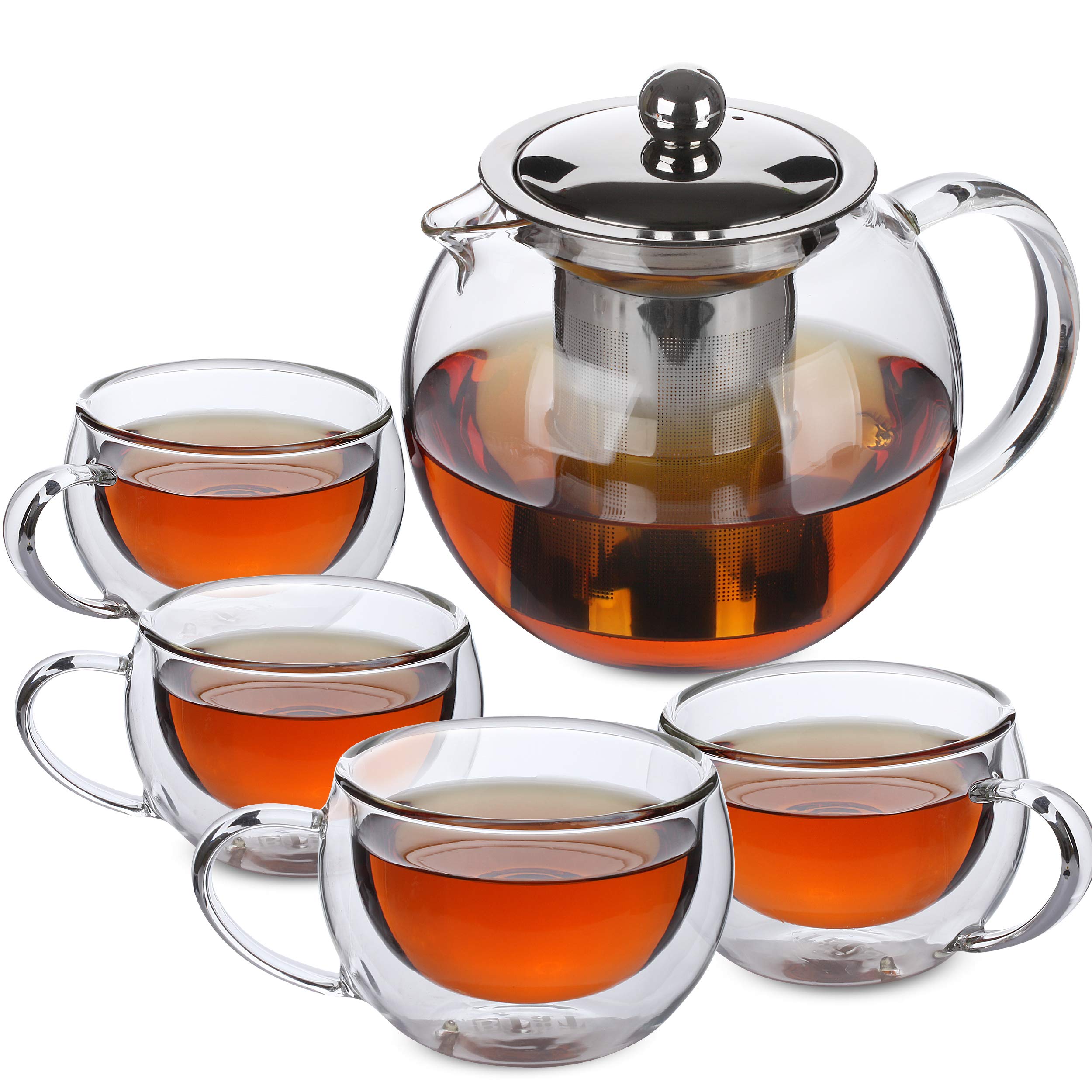 BTaT- Glass Tea Pot Set, Set of 4, Tea Set, Tea Cups, Tea Pot, Glass Tea Cup, Tea Kettles Stovetop, Tea Set for Adults, Glass Tea Kettle, Tea Kettle with Infuser, Double Wall Glass, Glass Tea Mug