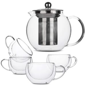 BTaT- Glass Tea Pot Set, Set of 4, Tea Set, Tea Cups, Tea Pot, Glass Tea Cup, Tea Kettles Stovetop, Tea Set for Adults, Glass Tea Kettle, Tea Kettle with Infuser, Double Wall Glass, Glass Tea Mug